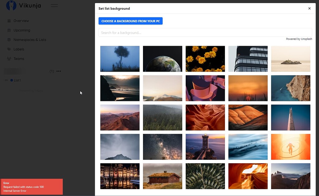 500 Internal Server Error when selecting Unsplash background image ...