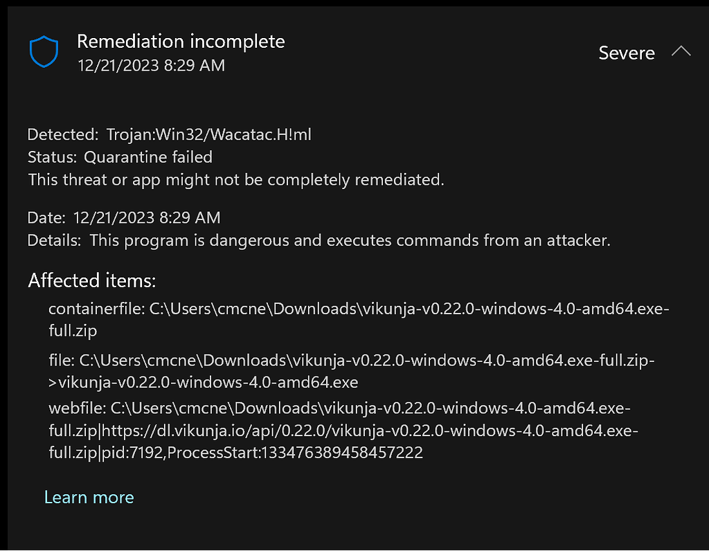 Virus detected in .22 by Windows Defender? - Bug - Vikunja Community