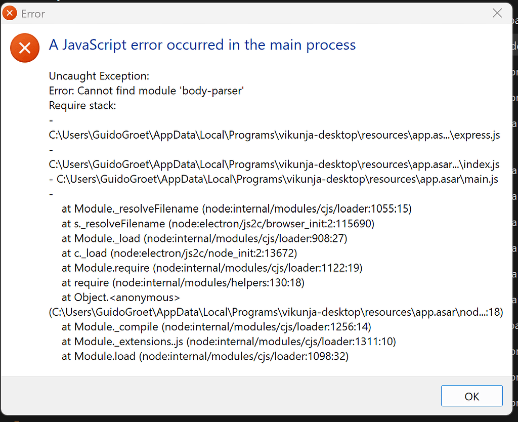 [Win Desktop App] Cannot find module body-parser - Support - Vikunja Community